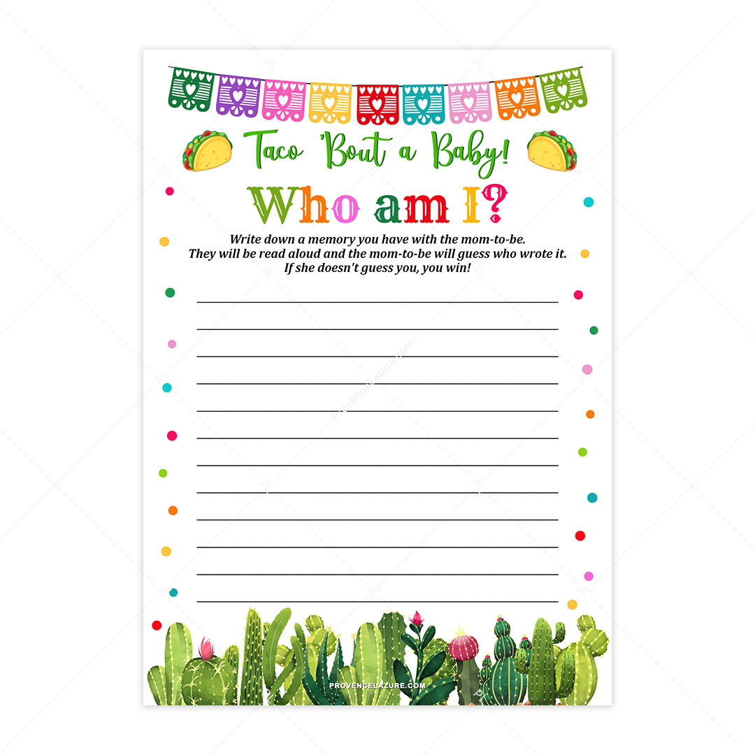 Taco Baby Shower Who Am I Game - Printable Taco Bout Baby Shower Game ...