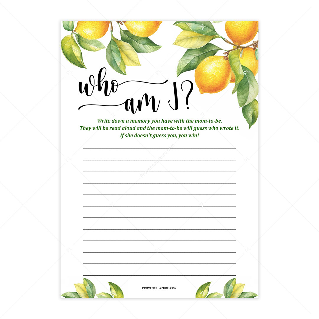 Who Am I Lemon Baby Shower Game - Printable Citrus Baby Shower Game 003 ...