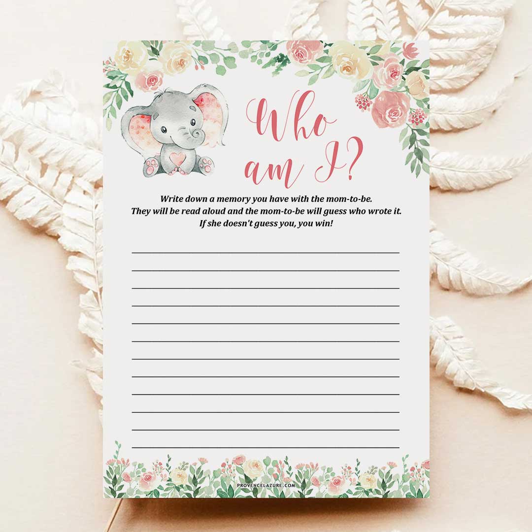 Girl Elephant Baby Shower Game Who Am I Printable 004 + Free bonus ...