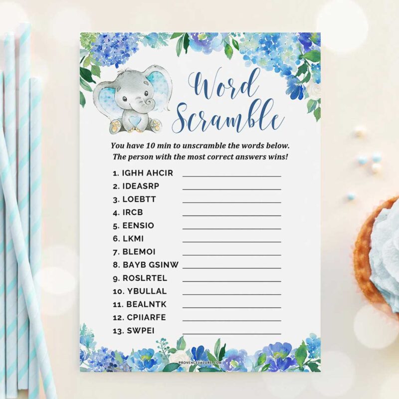 Boy Elephant Baby Shower Game Word Scramble Printable 005 + Free bonus ...